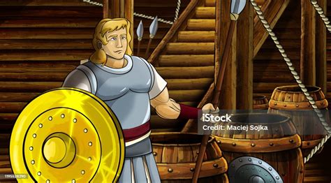 황금 방패와 나무 선박 챔버 내부 로마 또는 그리스 고대 문자와 만화 장면 건축에 대한 스톡 벡터 아트 및 기타 이미지 건축 계단 및 층계 고대의 Istock