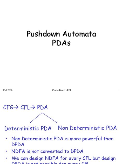 Pushdown Automata Pdas Fall 2006 Costas Busch Rpi 1 Pdf Theory Of Computation Syntax