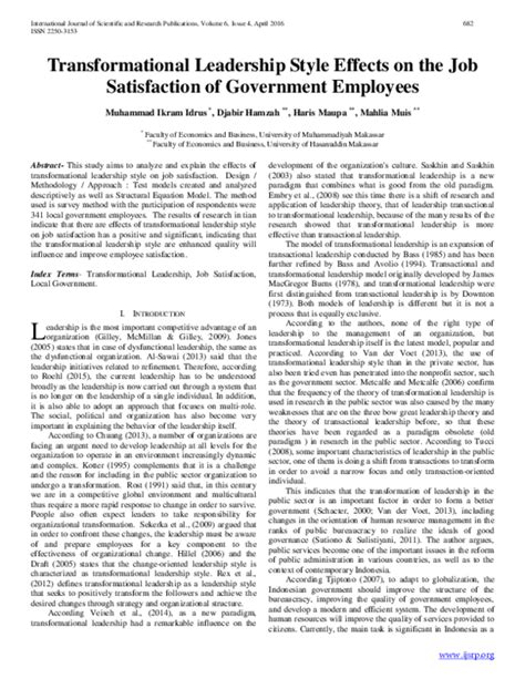 Pdf Transformational Leadership Style Effects On The Job Satisfaction Of Government Employees
