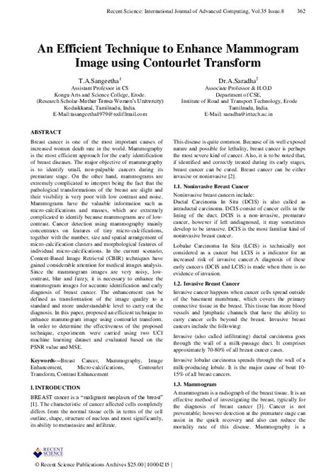 Pdf An Efficient Technique To Enhance Mammogram Image Using Contourlet Transform