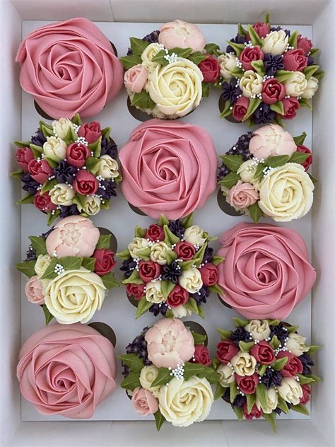 Buttercream Flower Bouquet Cupcakes Roses Peonies Hydrangea Piping
