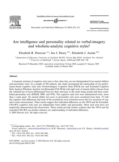 Pdf Are Intelligence And Personality Related To Verbal Imagery And