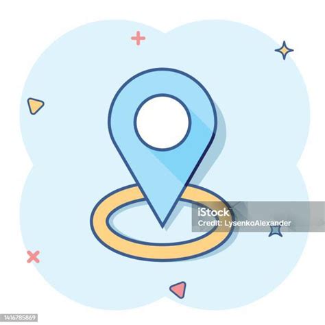 벡터 만화 스타일에서 만화 핀 위치 아이콘입니다 네비게이션 지도 Gps 그림 그림에 서명합니다 핀 비즈니스 스플래시 효과 개념입니다 검색에 대한 스톡 벡터 아트 및 기타