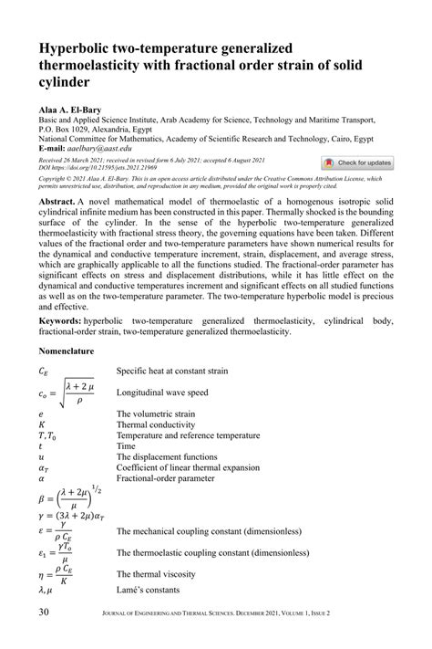 Pdf Hyperbolic Two Temperature Generalized Thermoelasticity With Fractional Order Strain Of
