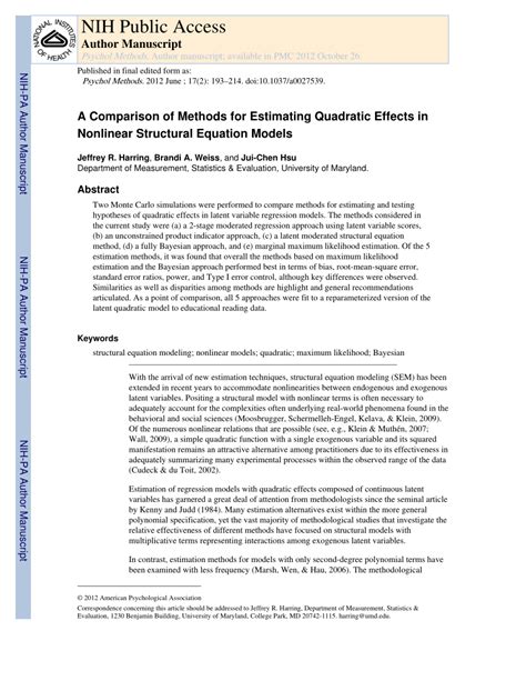 Pdf A Comparison Of Methods For Estimating Quadratic Effects In Nonlinear Structural Equation