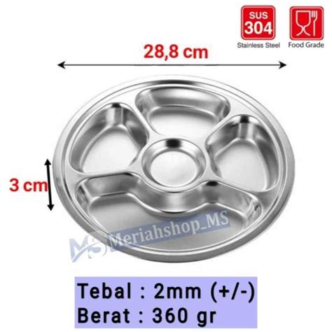 Sus 304 Tebal 2mm Piring Makan 5 Sekat Ompreng Stainless Plato Nampan Food Tray Bulat Piring