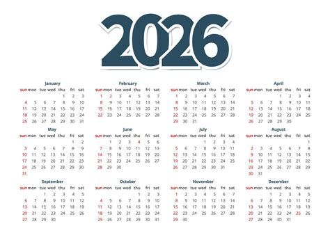 Moderno Horizontal Calendario Modelo Para 2026 Con Semana Comenzando En