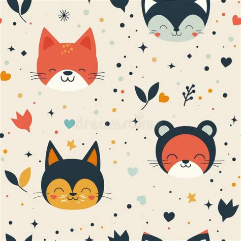 Adorable Cartoon Cat Faces Pattern For Playful Backgrounds Stock