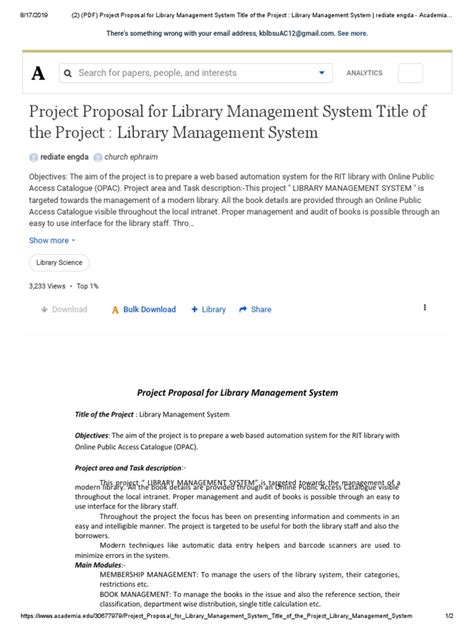 2 Pdf Project Proposal For Library Management System Title Of The Project Library