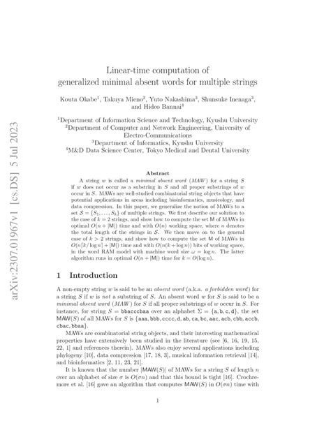 Linear Time Computation Of Generalized Minimal Absent Words For Multiple Strings Deepai