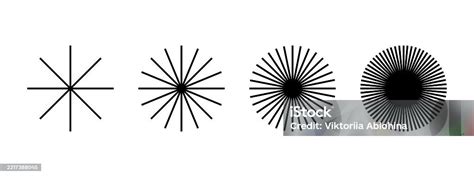 원형 모양의 직선 방사형 태양 광선 아이콘의 집합입니다 태양 광선 기호 광채 프로펠러 폭발 또는 불꽃 놀이 기호가 흰색 배경에 격리되어 있습니다 벡터 그래픽 일러스트 레이