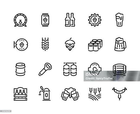 맥주 라인 아이콘입니다 유리 병 은 술통 나무 머그잔과 배럴 알코올 음료와 보리 홉 음료를 팩 벡터 개요 맥주 세트 6에 대한 스톡 벡터 아트 및 기타 이미지 Istock