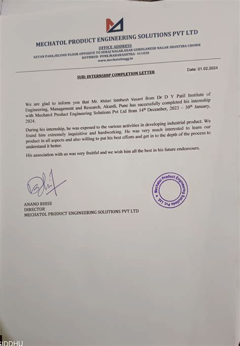 Successfully Completed Internship With Mechatol Product Engineering Siddhesh Khilari