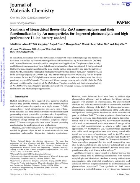 Pdf Synthesis Of Hierarchical Flower Like Zno Nanostructures And Their Functionalization By Au