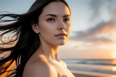 Premium Ai Image Closeup Portrait Of A Female Model With Long Hair Against The Sky On The
