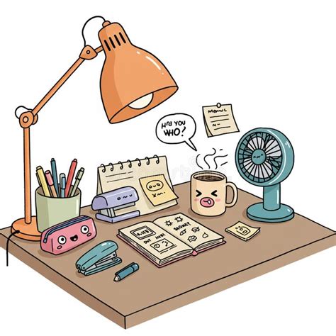 A Playful Cartoon Illustration Of A Desk Setup An Orange Desk Lamp