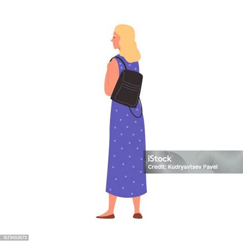 배낭이 달린 긴 여름 드레스를 입은 아름다운 금발 여성의 벡터 평면 격리된 그림 뒤에서 본 가득 찬에 대한 스톡 벡터 아트 및 기타 이미지 Istock
