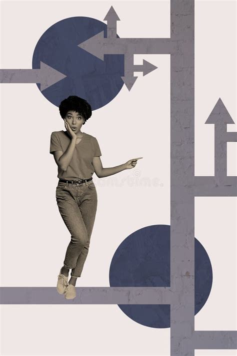 Trend Collage Template Sketch Of Young Woman Stand Finger Point Showing Arrow Different