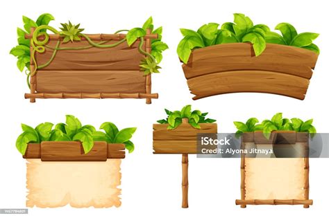 나무 간판 정글 야자 잎으로 장식된 대나무 프레임 양피지 흰색 배경에 격리된 만화 스타일의 덩굴식물 정글 열대 요소 질감 및 상세한 보드 Ui 게임 자산 0명에 대한 스톡