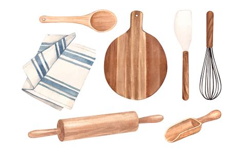 수채화 세트 액세서리 주방 용품 클립 아트 빵집 세트에는 나무 주걱과 숟가락 키친 타월이 포함되어 있습니다 테이블 아이템의 배경으로 완벽합니다 격리된 그림 요소 수채화에