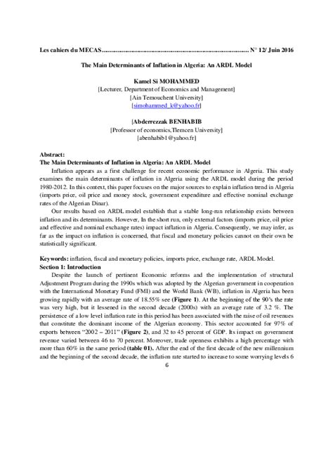Pdf The Main Determinants Of Inflation In Algeria An Ardl Model