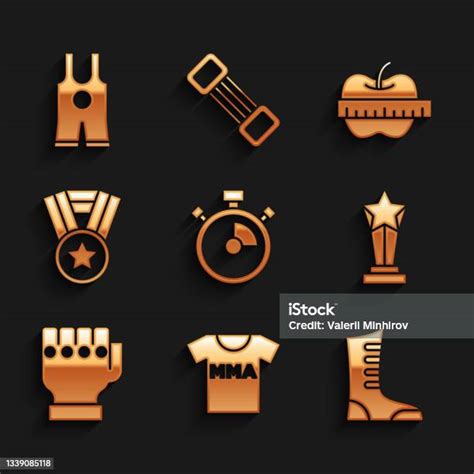 세트 스톱워치 파이트 클럽 Mma 스포츠 복싱 슈즈 어워드 컵 장갑 메달 애플 측정 테이프 및 레슬링 싱글 아이콘이 있는 티셔츠 벡터 가죽에 대한 스톡 벡터 아트 및 기타