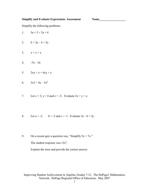 Simplify And Evaluate Expressions