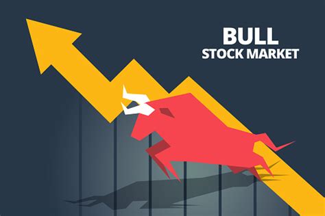 성장 화살표 그래프와 바가있는 황소 또는 강세 실행 아이콘 황소와 곰 주식 시장 거래소 또는 금융의 주식 시장에 대한 개념 황소 시장의 벡터 상승 주식 시장과 거래 차트