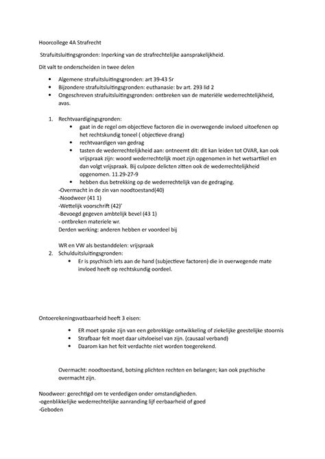 Hoorcollege 4a Aantekeningen Uit Hc Hoorcollege 4a Strafrecht Strafuitsluitingsgronden