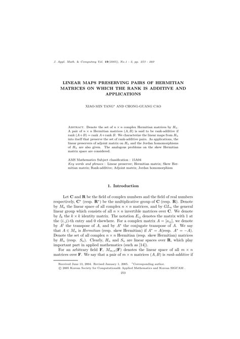 Pdf Linear Maps Preserving Pairs Of Hermitian Matrices On Which The Rank Is Additive And