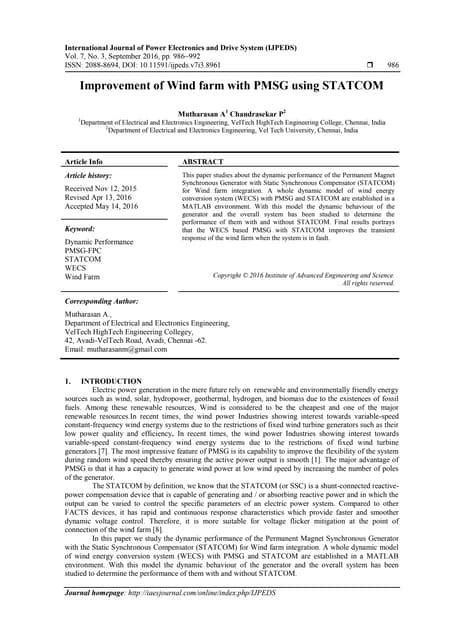 Improvement Of Wind Farm With Pmsg Using Statcom Pdf Free Download