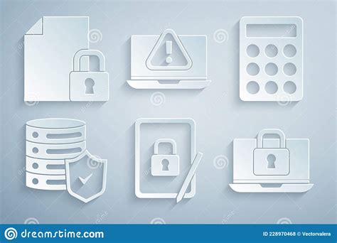 Set Tablet With Closed Padlock Password Protection Server Shield Laptop And Exclamation Mark