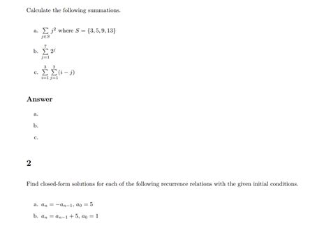 solved calculate the following summations a ∑j∈sj2 where