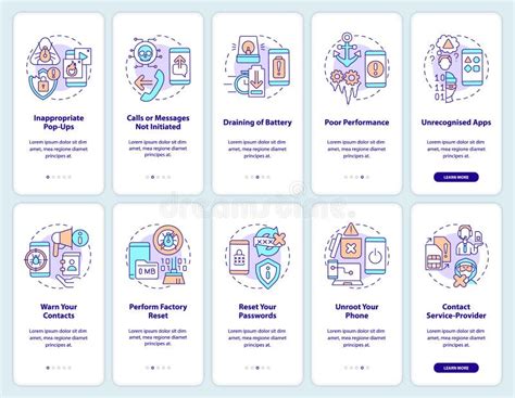 Smartphone Hacking Attack Onboarding Mobile App Screen Set Stock Vector