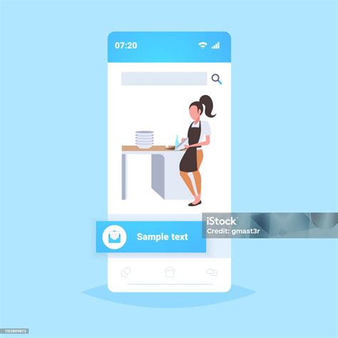 여자 세척 접시 주부 닦아 부엌 식기 컨셉 소녀 앞치마에서 집안일 스마트폰 화면 모바일 앱 플랫 전체 길이 가구에 대한 스톡 벡터 아트 및 기타 이미지 Istock