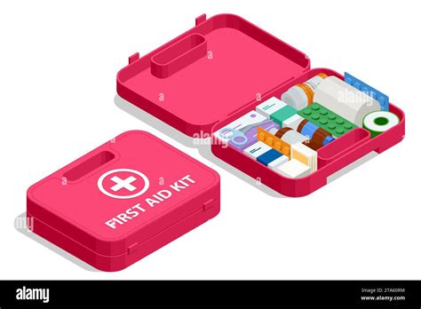 Isometric Open First Aid Kit Box With Medical Equipment And Medications