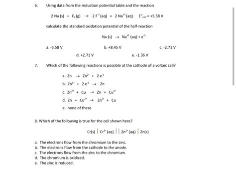solved 6 using data from the reduction potential table and