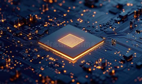 High Tech Microprocessor On Circuit Board With Glowing Connections And Intricate Design Stock