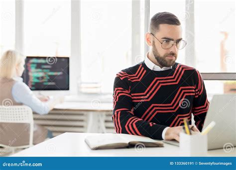 Concentrated Copywriter Working With Laptop Stock Image Image Of