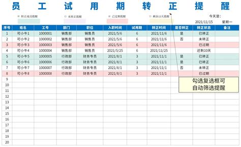 员工试用期转正提醒excel模板 完美办公