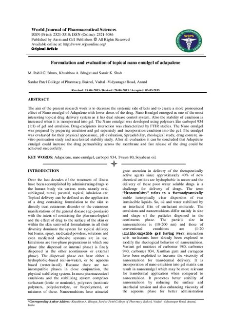 Pdf Formulation And Evaluation Of Topical Nano Emulgel Of Adapalene