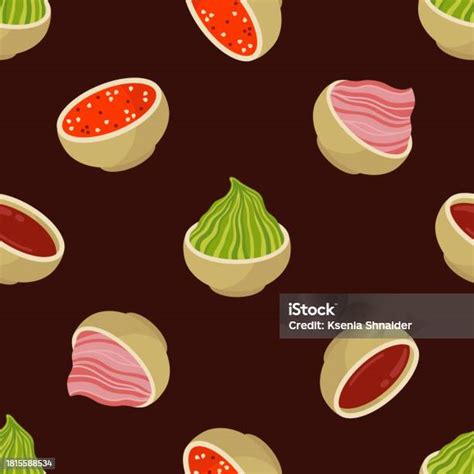 아시아 소스 Seamless 벡터 패턴입니다 와사비 페이스트 생강 절임 스리라차 간장 초밥 해산물을 위한 짠맛과 매운 조미료 나무 접시에 맛있는 뜨거운 드레싱 평평한 만화