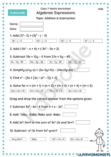 Addition And Subtraction Algebraic Expressions Worksheets Subtraction Worksheets