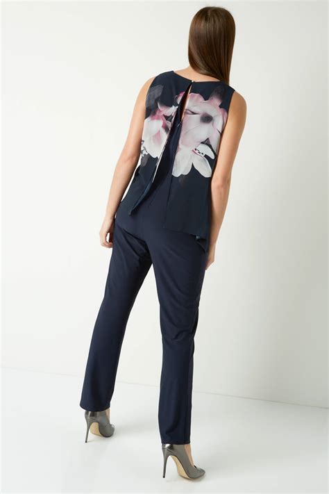 Floral Print Chiffon Overlay Jumpsuit In Navy Roman Originals Uk
