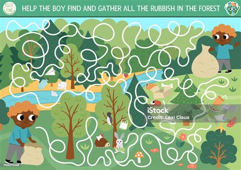숲에서 쓰레기를 모으는 어린이를위한 생태 미로 지구의 날 유치원 활동 에코 인식 또는 제로 폐기물 미로 게임 퍼즐 자연 보호 인쇄 가능한 워크 시트 거리에 대한 스톡 벡터