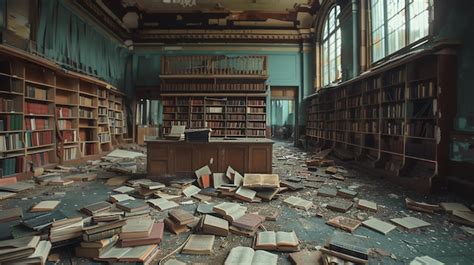 Premium Photo A Large Abandoned Library With Bookshelves Lining The