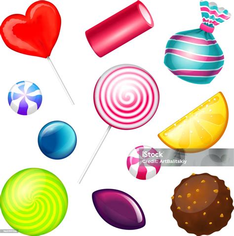 현실적인 달콤한 사탕 세트 카라멜 모듬 원형 막대 사탕 당의 초콜릿 과일 젤리 설탕 구름 면화 수 박 소용돌이 친다 3 차원 벡터 그림입니다 현대적인 스타일에 휴일 색상 0