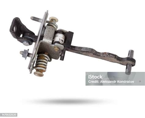 흰색 고립 된 배경에 금속 및 플라스틱 자동차 예비 부품 바디 요소 손상 또는 파손의 하드 터치를 방지 도어 스토퍼 기계 어셈블리의 세부 사항 실내에 대한 스톡 사진 및