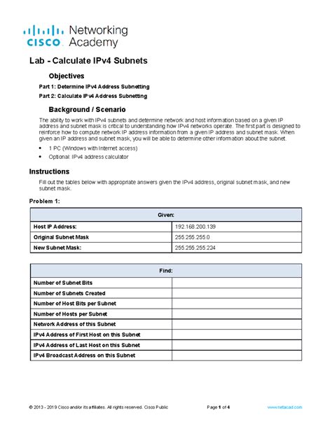 1166 Lab Calculate Ipv4 Subnets Objectives Part 1 Determine Ipv4