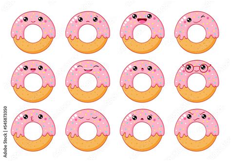 Set Of Kawaii Donut Cartoon Character Collection Of Cute Donuts With Different Mood Sweet